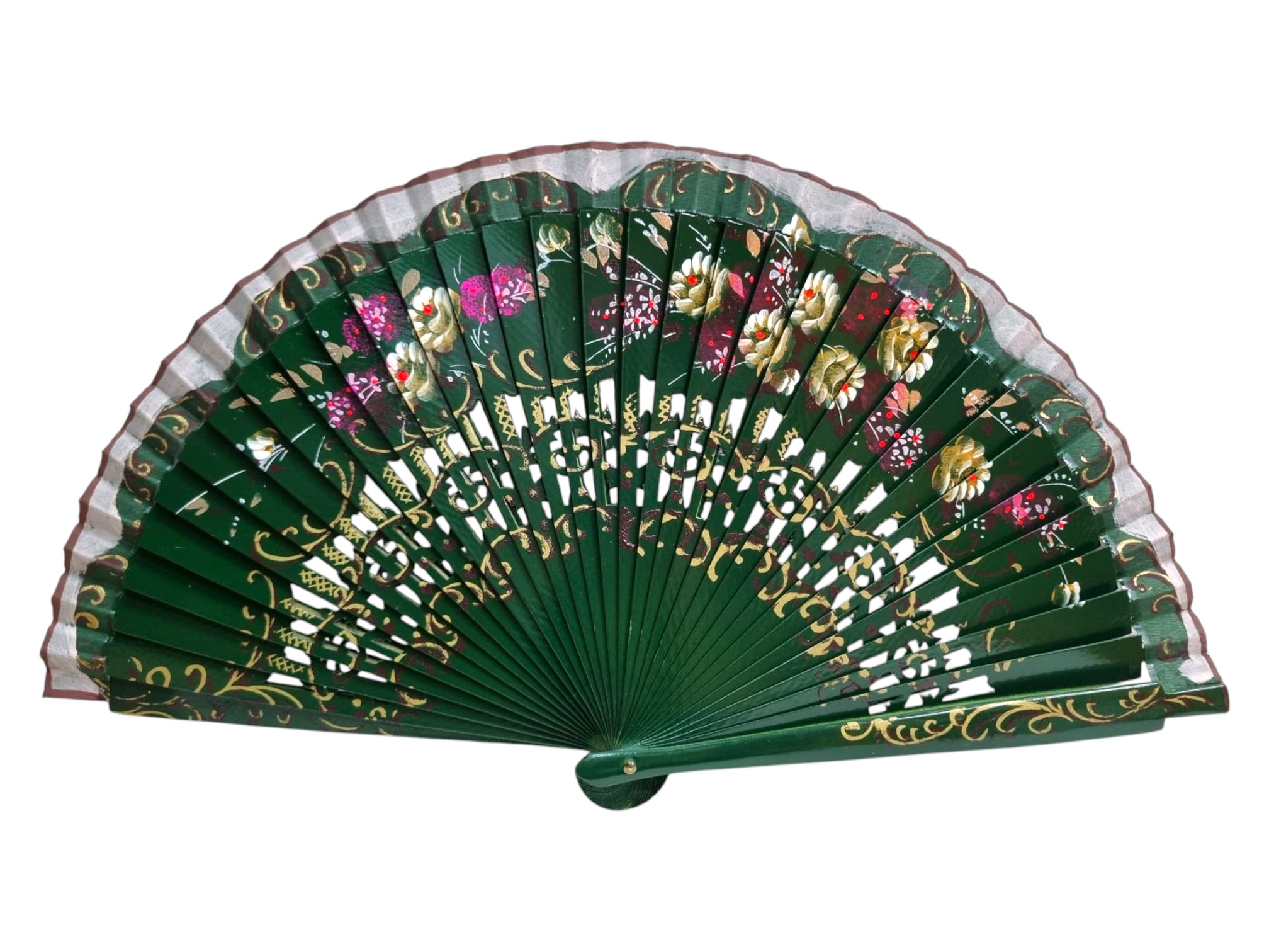 Abanico de Madera de Sicomoro 23 cm – Calado y Pintado a Mano en Verde ...
